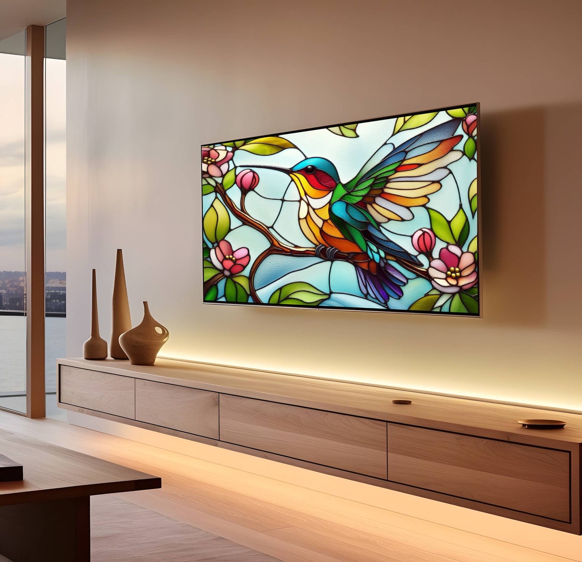 Stained Glass Humming Bird TV Frame Art Blue Humming Bird TV Art Bird ...
