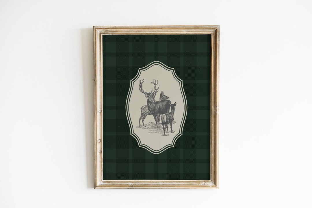Christmas Winter Stag Print Rustic Home Decor Antique Stag Sketch ...