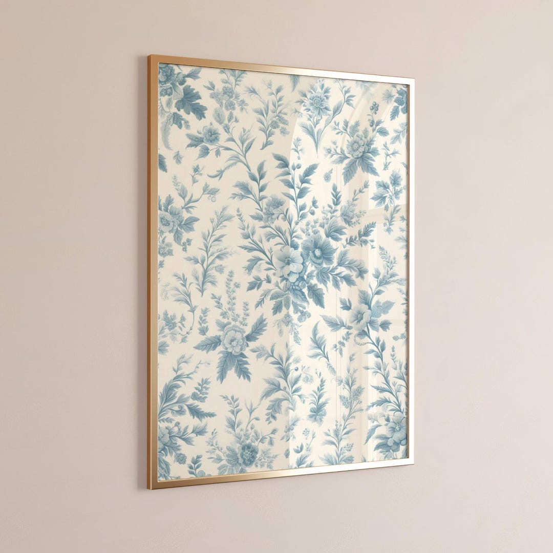 Blue Floral Toile Print Floral Illustration Art Trendy Wall Decor Cute ...