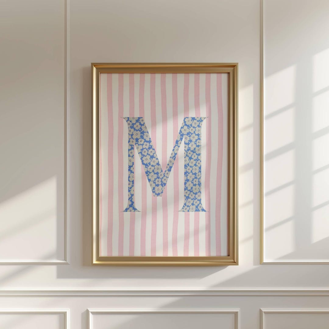 Vintage M Initial Print Floral Printable Wall Art DIGITAL DOWNLOAD Blue ...
