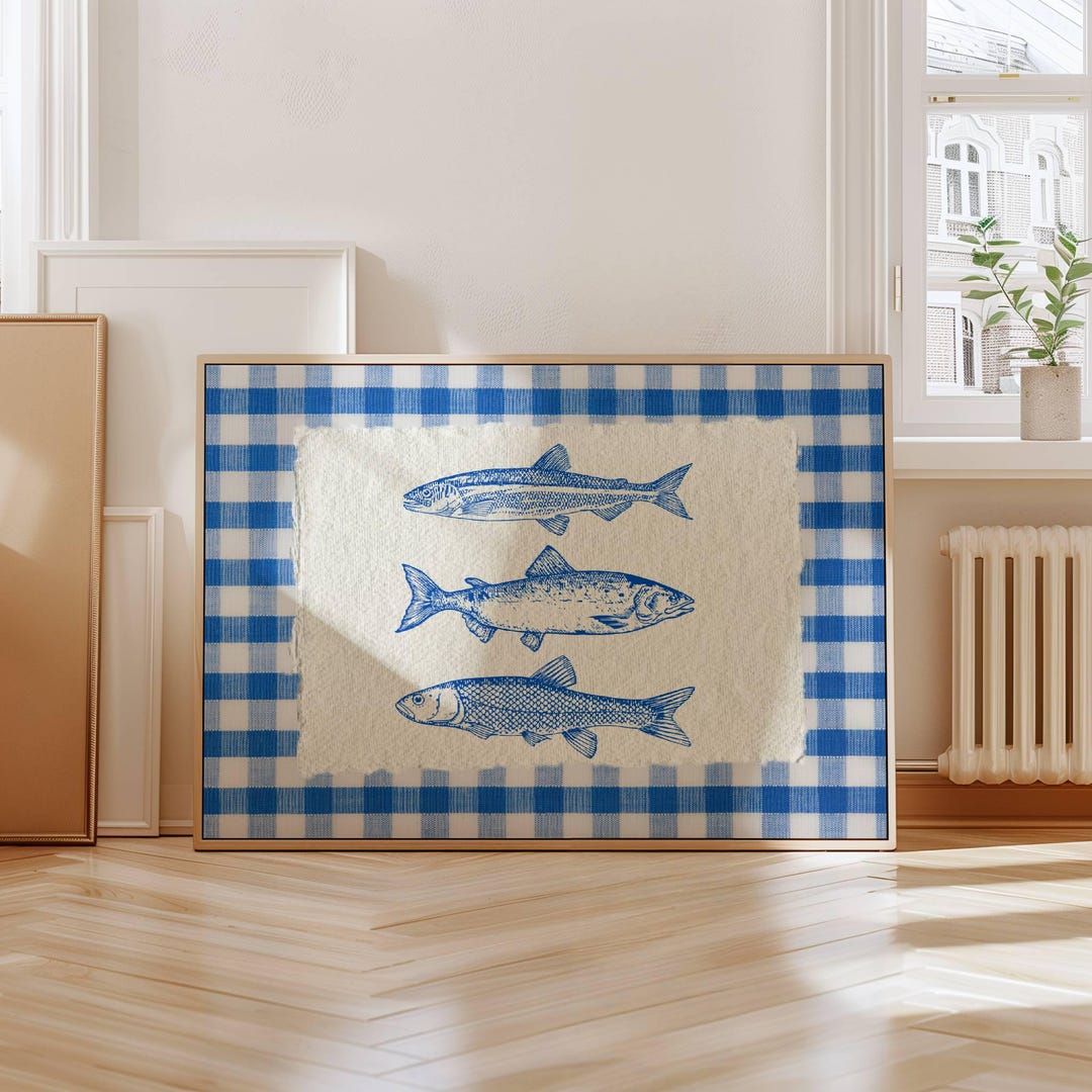 Blue Fish Print Blue Check Printable Wall Art Kitchen Decor Cottagecore ...