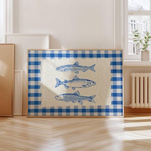 Blue Fish Print Blue Check Printable Wall Art Kitchen Decor Cottagecore ...