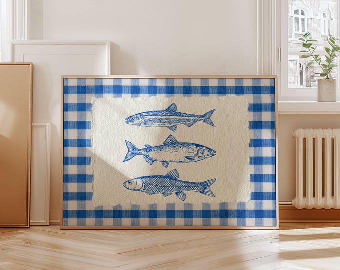 Blue Fish Print Blue Check Printable Wall Art Kitchen Decor Cottagecore ...