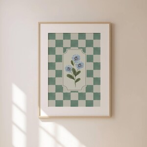 Green Check Blue Flower Print Floral Illustration Wall Art Botanical ...