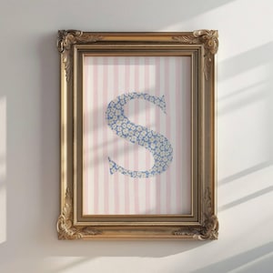 Vintage S Initial Print Floral Printable Wall Art DIGITAL DOWNLOAD Blue ...