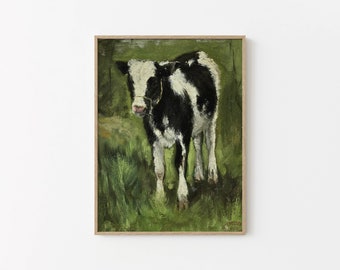 Vintage Cow Print Instant Digital Download Vintage Wall Art Moody Home Decor Print Calf Painting ...