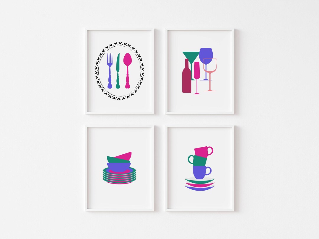 Set of 4 Abstract Kitchen Utensils Posters Colourful Kitchen Wall Art ...