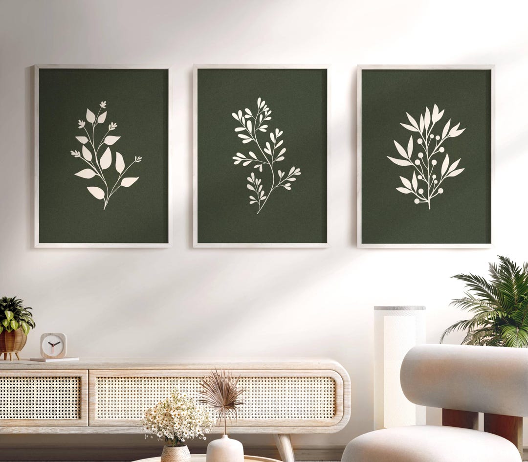Bottle Green Botanical Prints Set of 3 Green Wall Art Botanical Floral ...