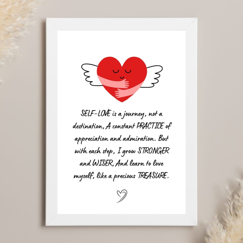 Self Love Poem With Cute Red Heart Hugging Wall Art Great Gift Idea for ...