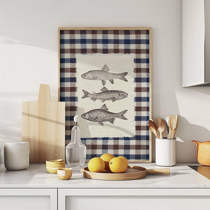Brown Fish Print Brown Check Printable Wall Art Kitchen Decor ...