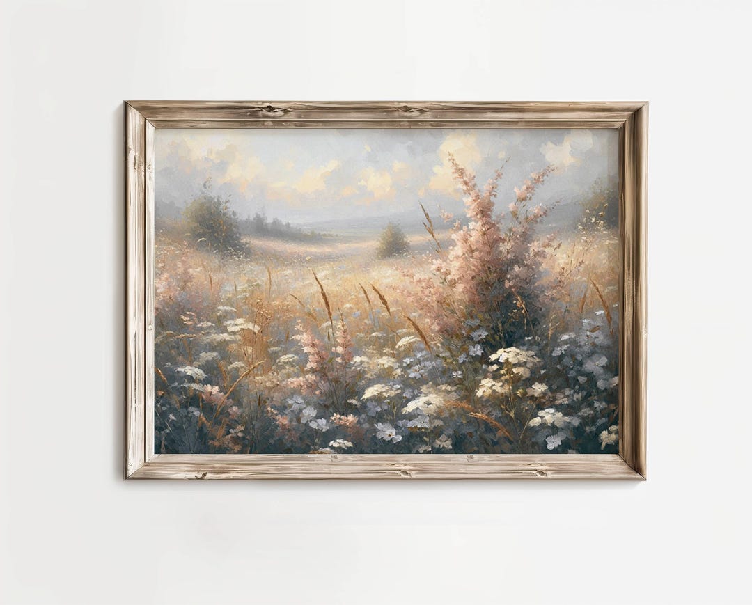 Wildflower Field Print Wildflower Field Landscape Oil Painting Vintage ...