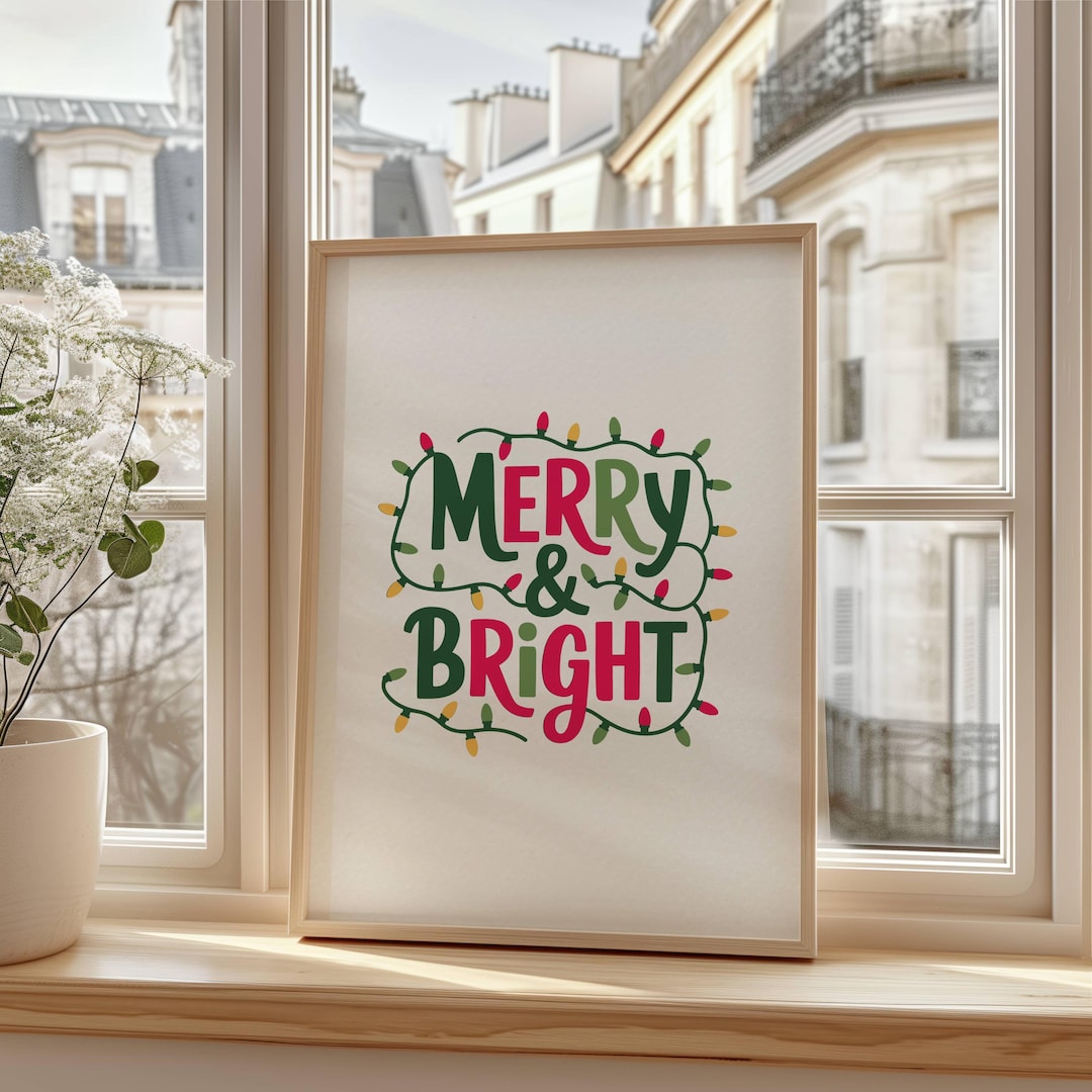 Merry and Bright Print Christmas Typography Wall Art Christmas ...