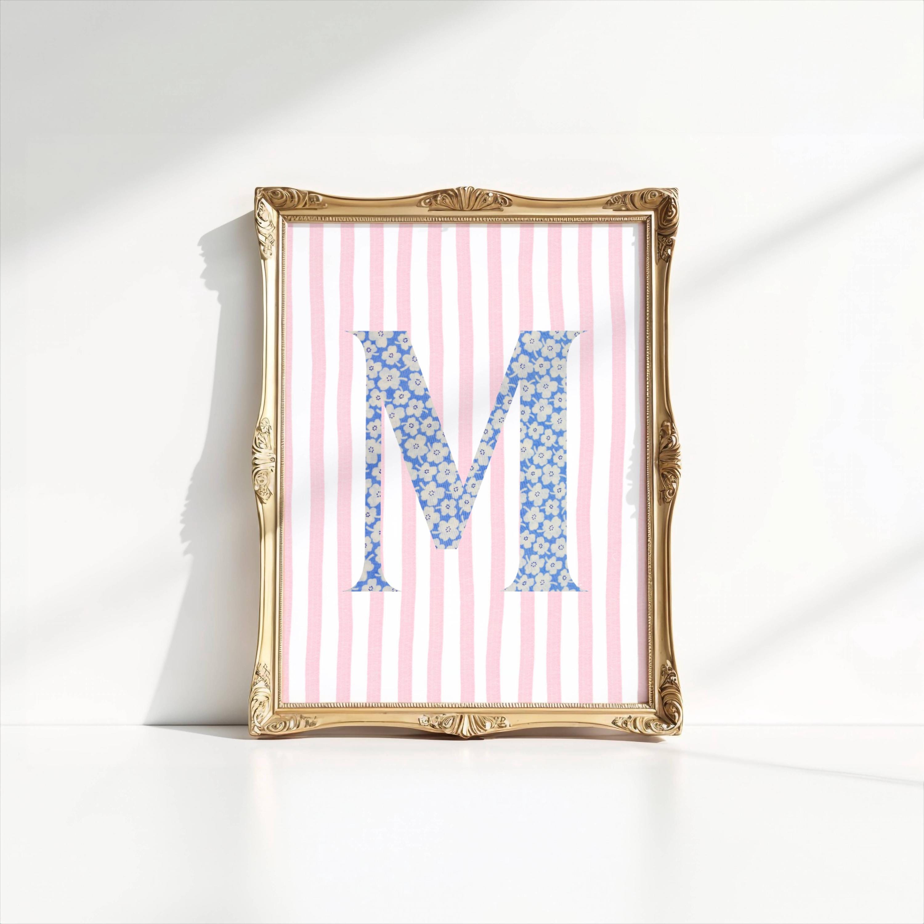 Vintage M Initial Print Floral Printable Wall Art DIGITAL DOWNLOAD Blue ...