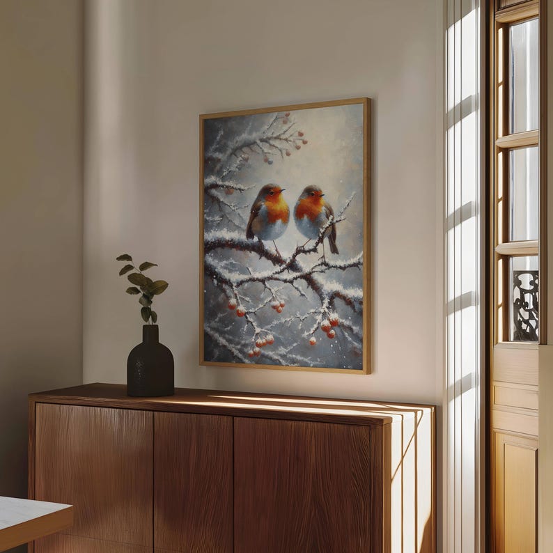 Winter Robin Sitting Print Antique Bird Painting Rustic Home Decor ...