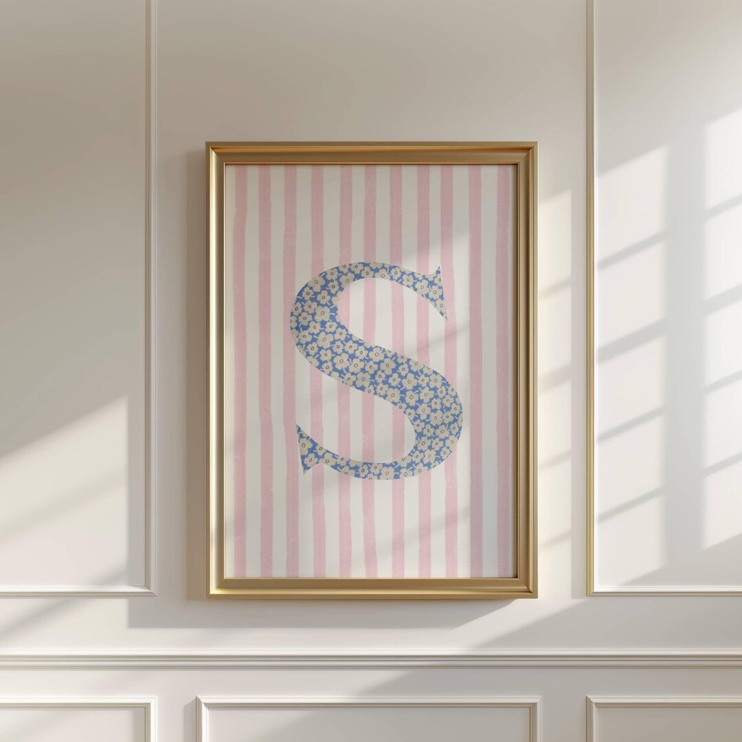 Vintage S Initial Print Floral Printable Wall Art DIGITAL DOWNLOAD Blue ...