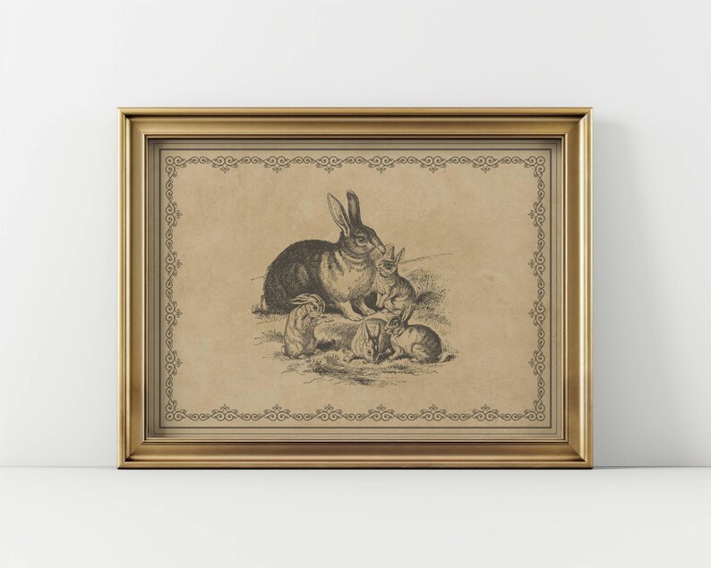 Vintage Rabbit Sketch Print Vintage Neutral Bunny Wall Art Country ...