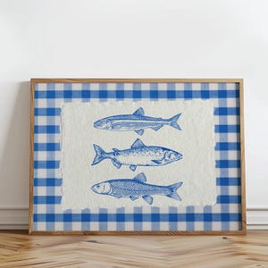 Blue Fish Print Blue Check Printable Wall Art Kitchen Decor Cottagecore ...