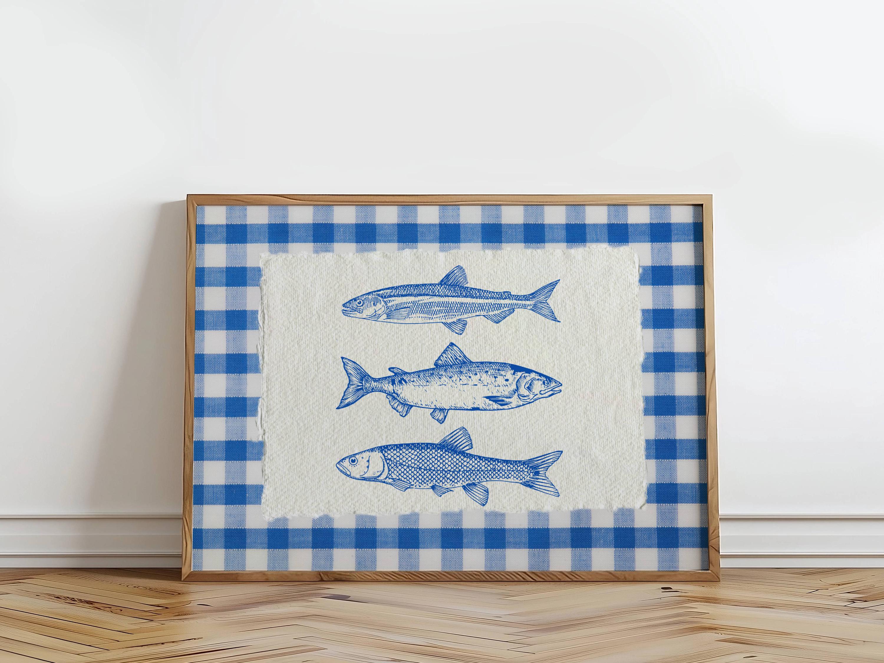 Blue Fish Print Blue Check Printable Wall Art Kitchen Decor Cottagecore ...
