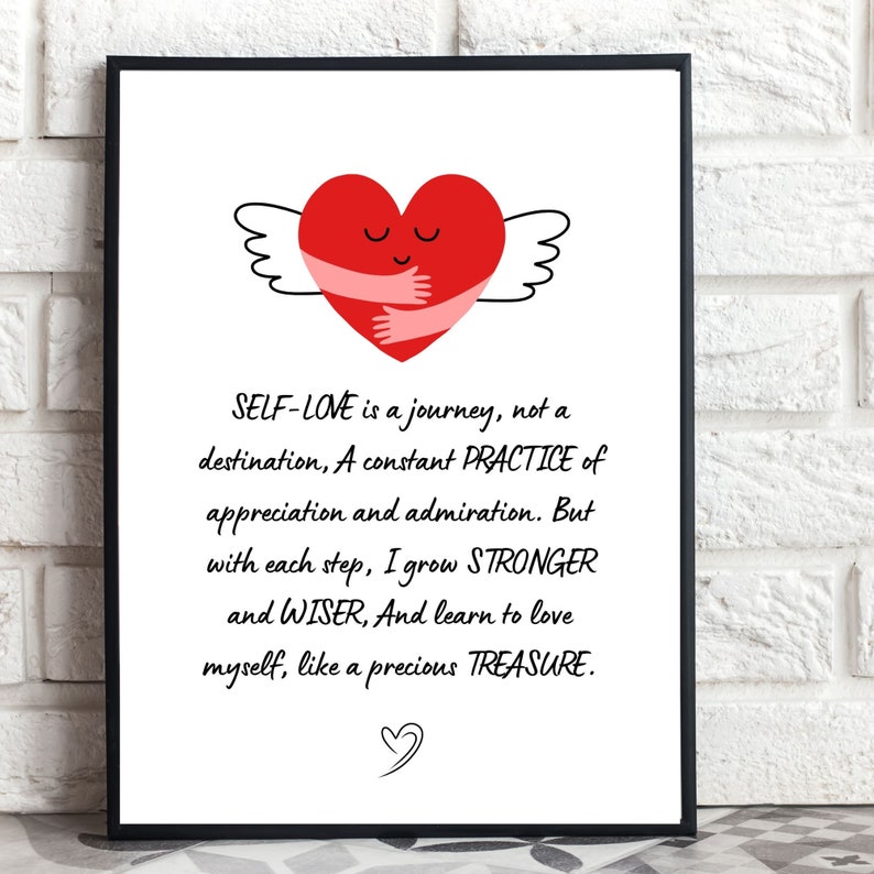 Self Love Poem With Cute Red Heart Hugging Wall Art Great Gift Idea for ...