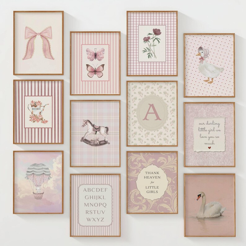 Pink Vintage Nursery Prints, Baby Girl Wall Art Set, Coquette Bow Decor ...