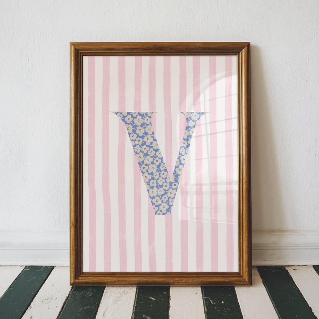 Vintage V Initial Print Floral Printable Wall Art DIGITAL DOWNLOAD Blue ...