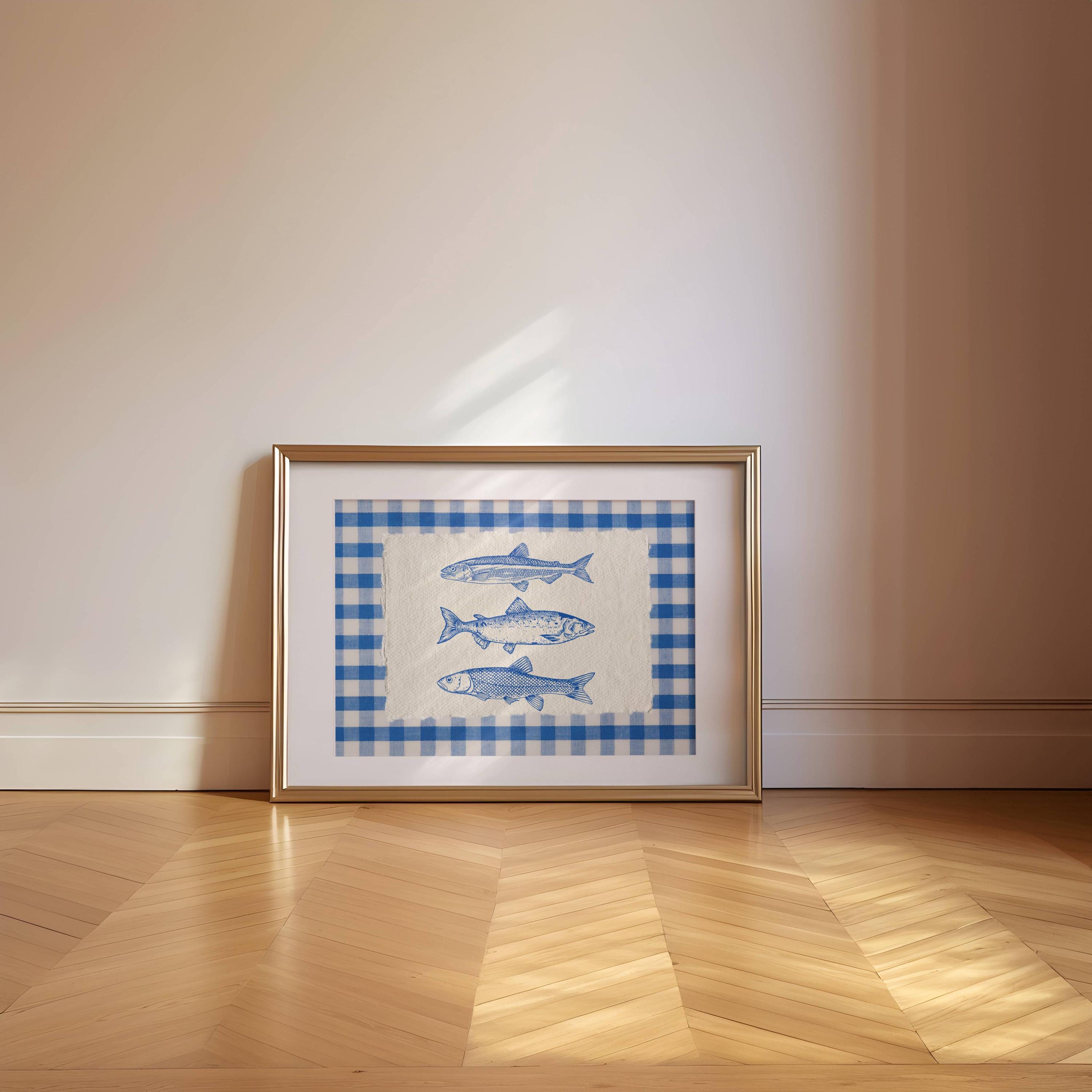 Blue Fish Print Blue Check Printable Wall Art Kitchen Decor Cottagecore ...