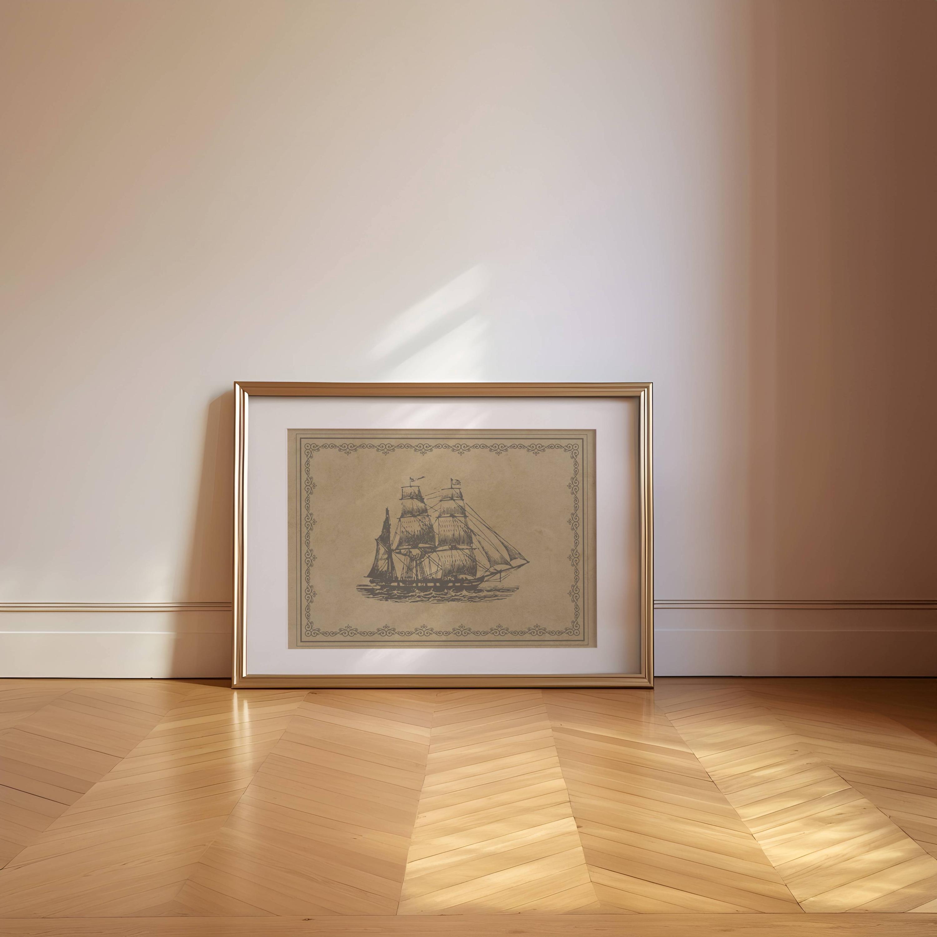 Vintage Sailing Ship Wall Decor Nautical Room Coastal Art Blue Print ...