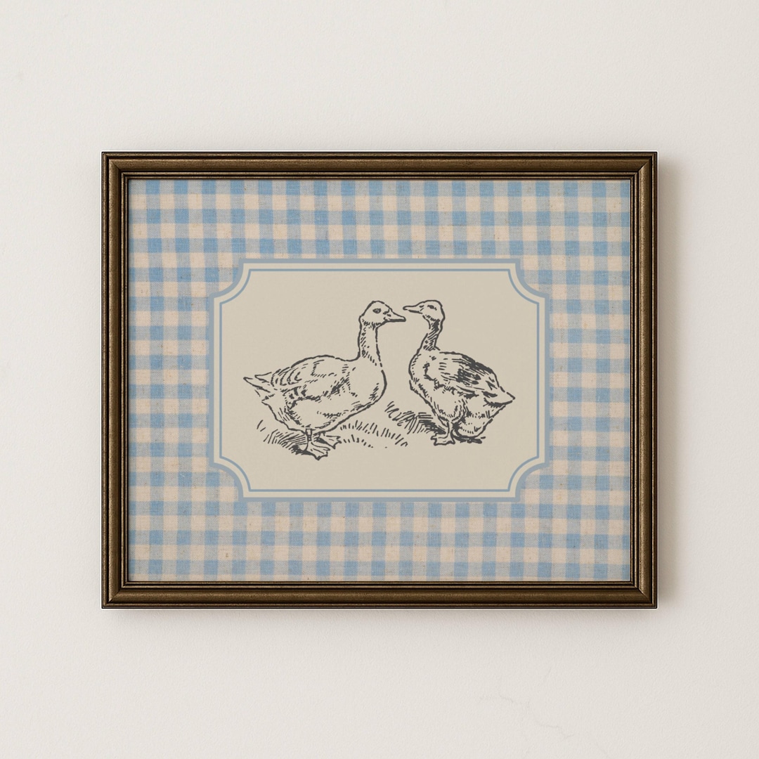 Vintage Blue Gingham Geese Sketch Digital Wall Art Bird Art Prints ...