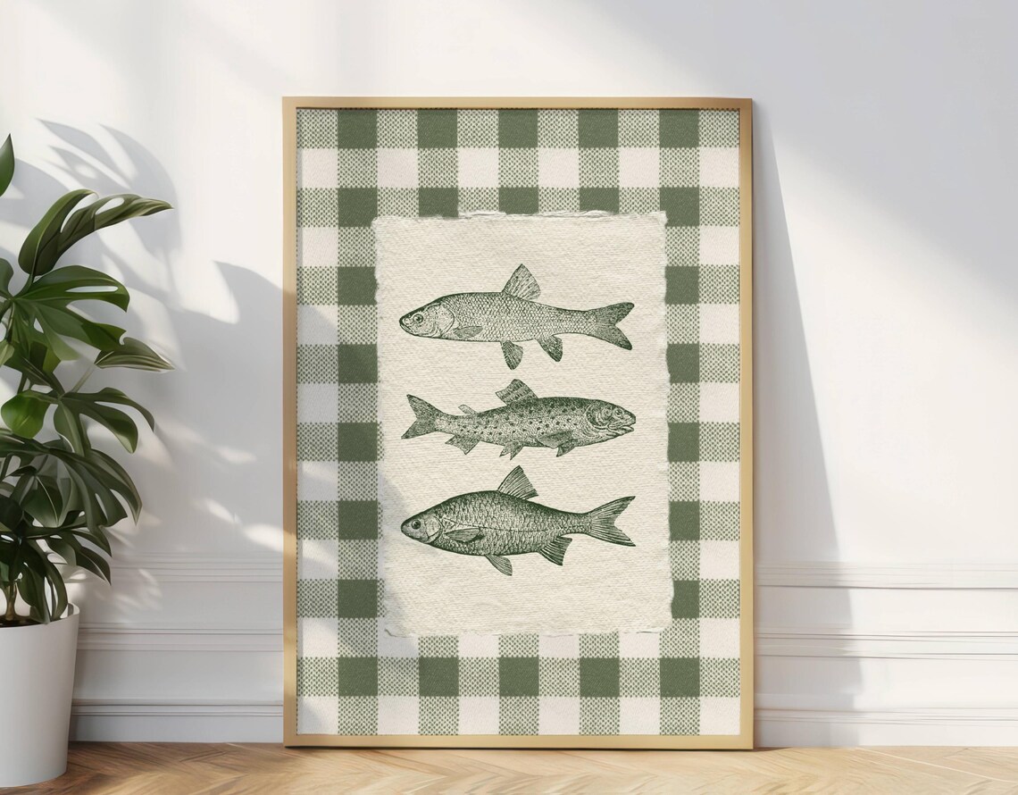 Green Fish Print Sage Green Check Printable Wall Art Kitchen Decor ...