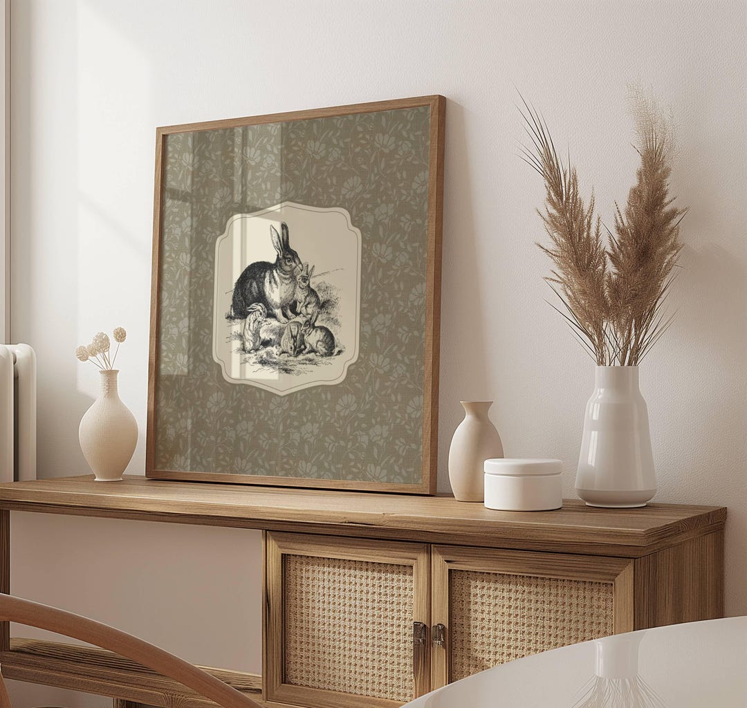 Vintage Rabbit Sketch Print Vintage Neutral Bunny Wall Art Country ...