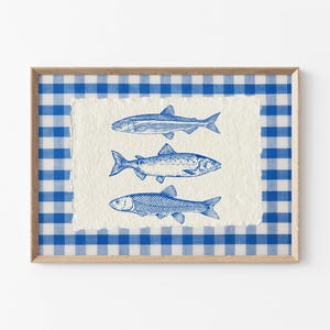 Blue Fish Print Blue Check Printable Wall Art Kitchen Decor Cottagecore ...
