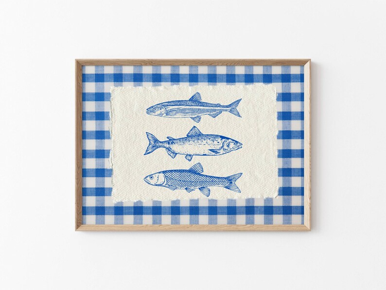 Blue Fish Print Blue Check Printable Wall Art Kitchen Decor Cottagecore ...