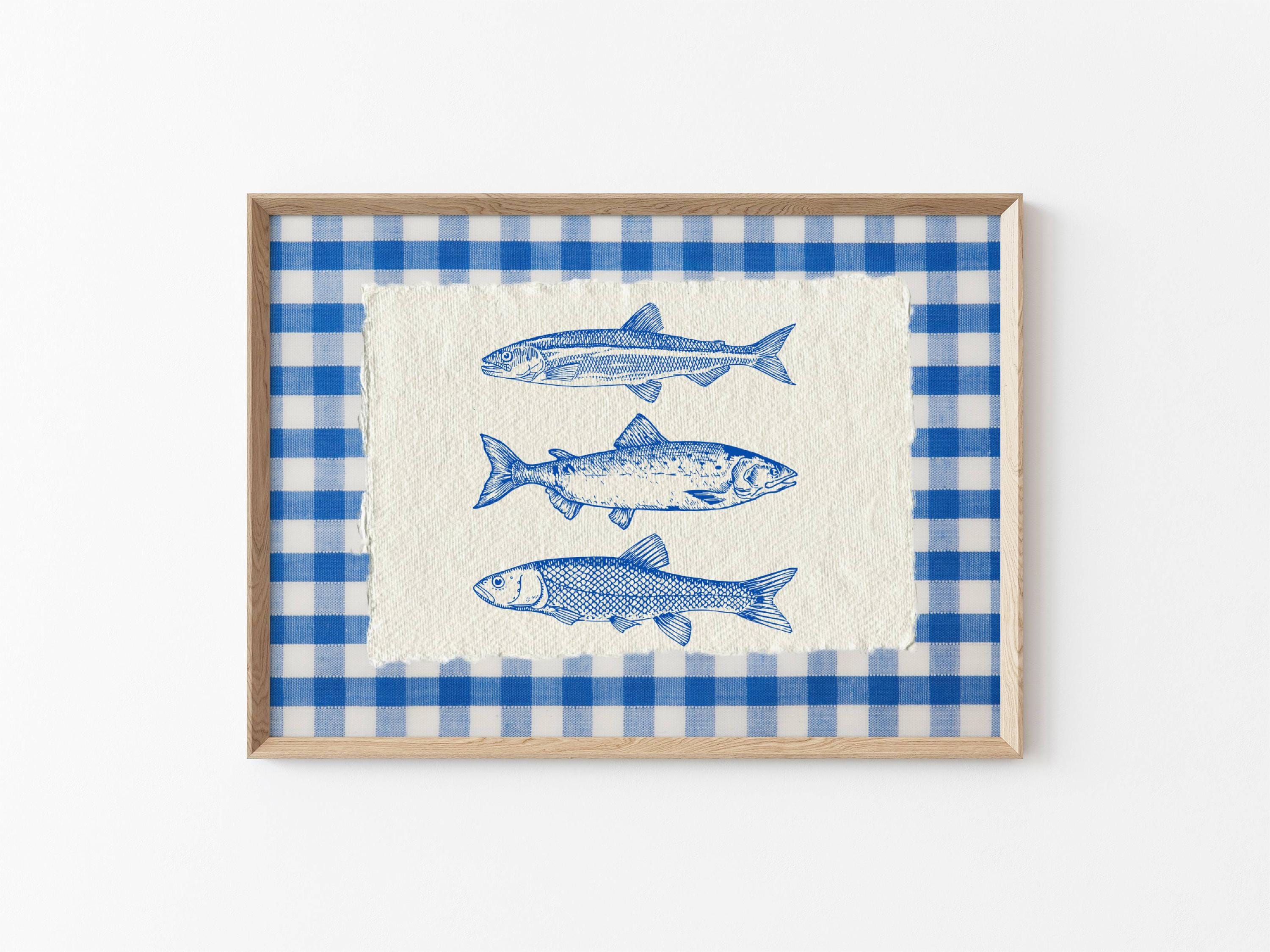 Blue Fish Print Blue Check Printable Wall Art Kitchen Decor Cottagecore ...