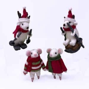 Set of 4 Skiing Mice Ornaments Natural Wool and Felt With Twine ...