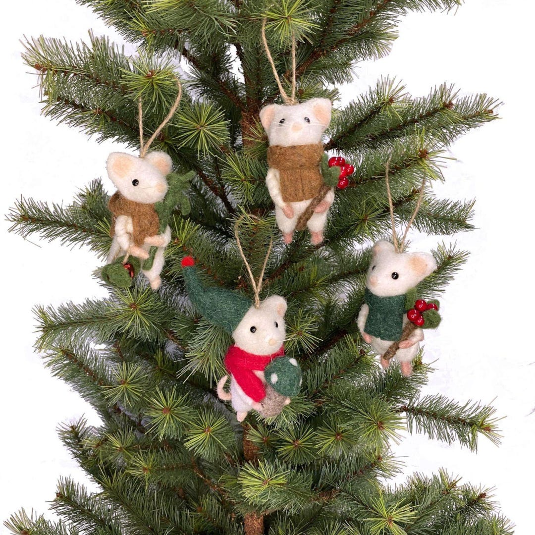 Set of 4 Felted Forager Mice Ornaments Natural Wool and Felt With Twine ...