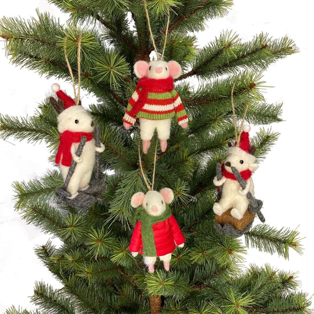 Set of 4 Skiing Mice Ornaments Natural Wool and Felt With Twine ...