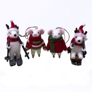 Set of 4 Skiing Mice Ornaments Natural Wool and Felt With Twine ...