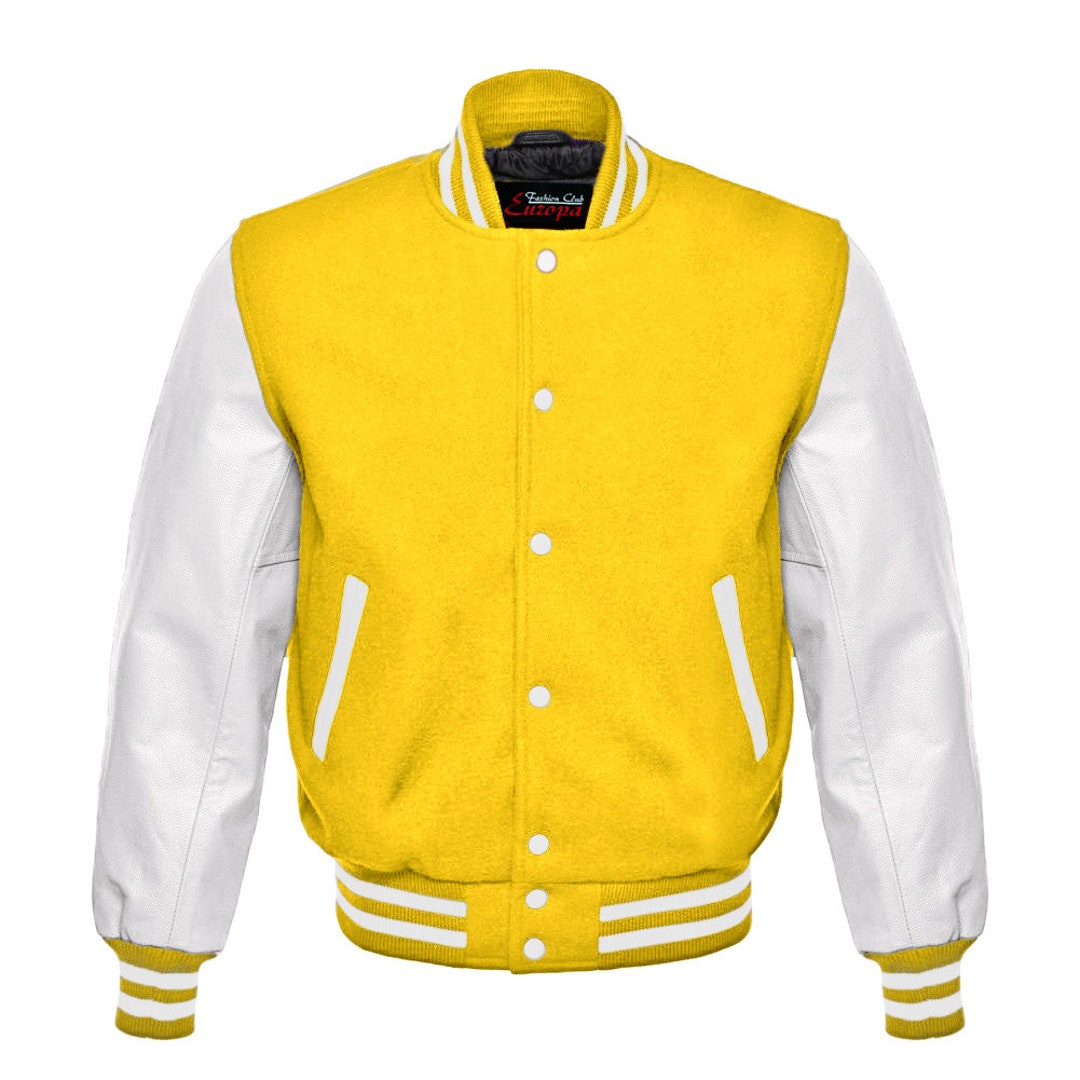 Custom Plain Varsity Jacket Men's Yellow Wool Body and Leather Arms ...