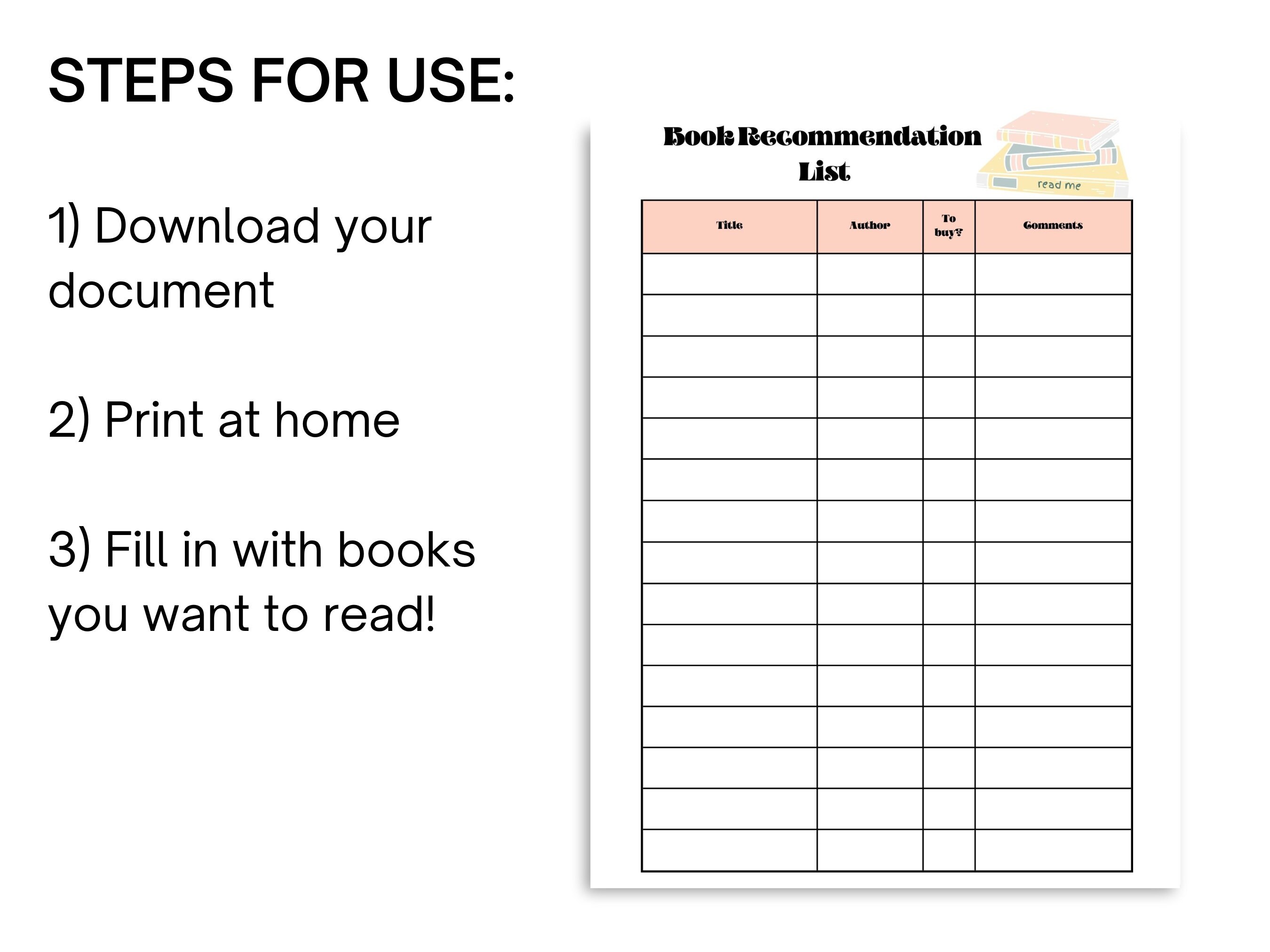 Book Recommendation List Printable Instant Download PDF - Etsy
