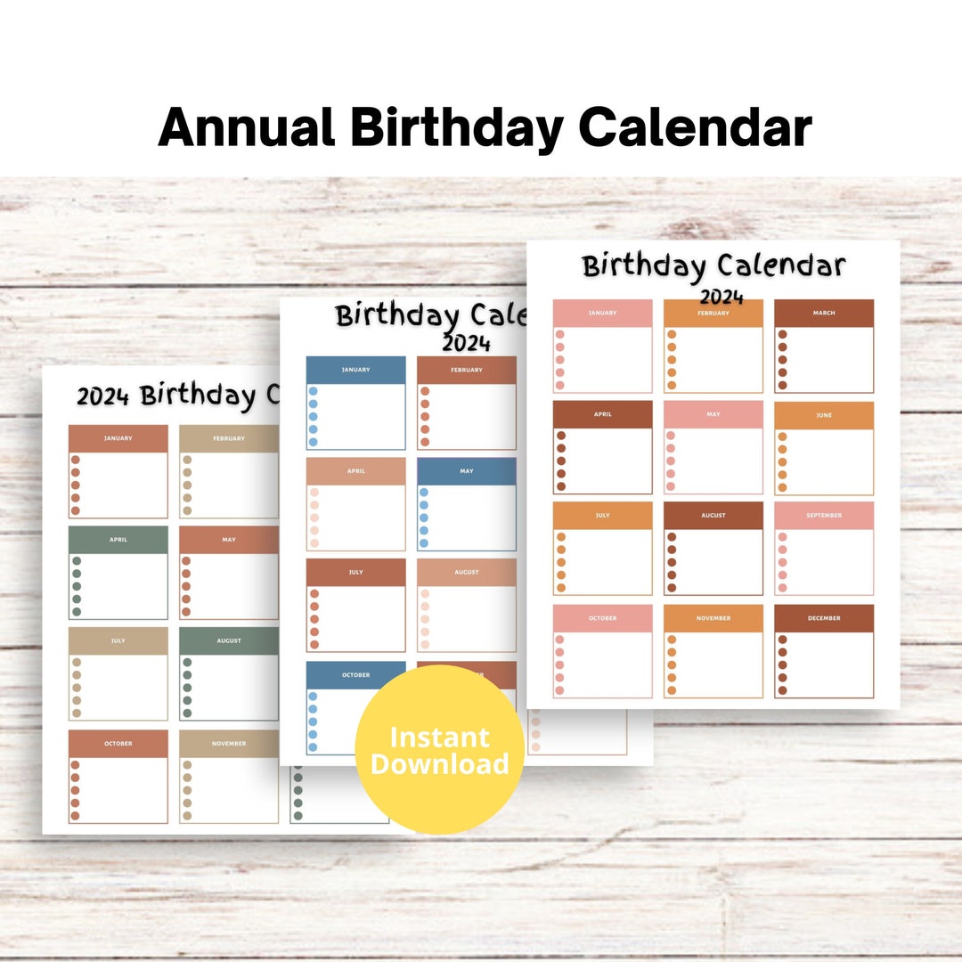 Annual Birthday Calendar, Home Organisation, Birthday Planner, Digital ...