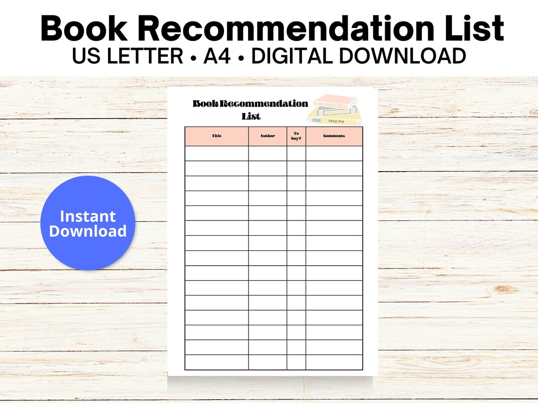 Book Recommendation List, Printable Instant Download PDF Tracker - Etsy