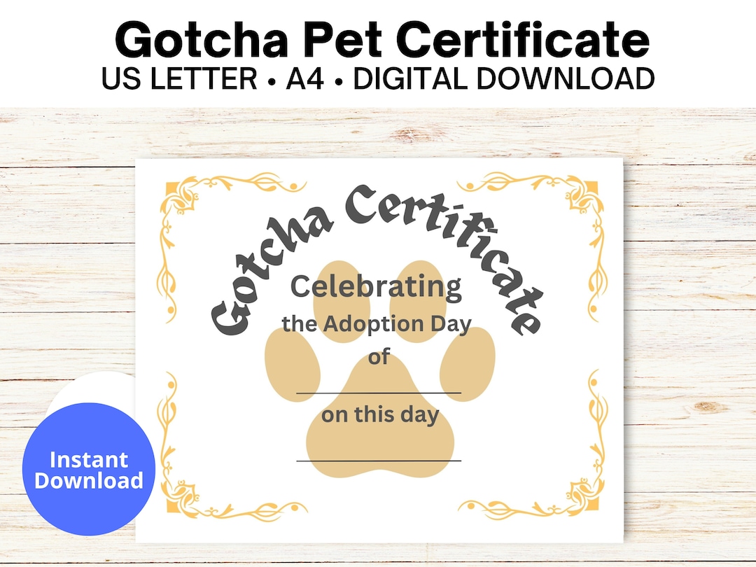 Gotcha Day Pet Adoption Certificate, Cat Dog Pet Adoption Certificate ...