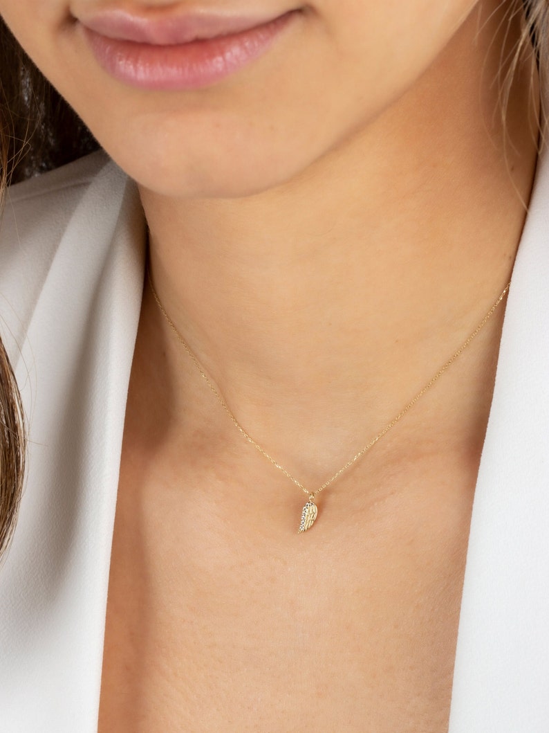 14k Solid Gold Angel Wing Necklace • Paved Diamond Angel Wing Pendant ...