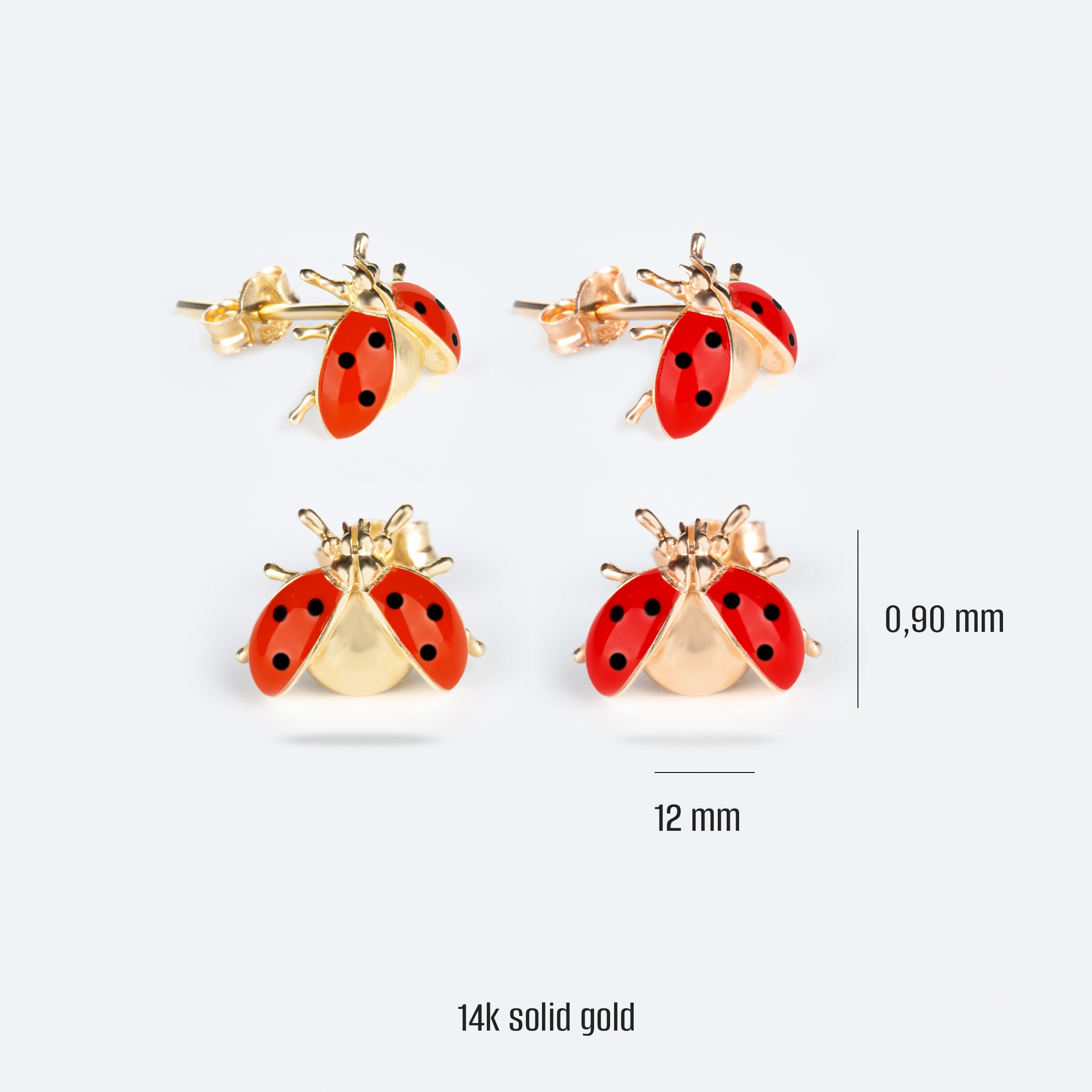 Ladybug Earrings in 14K Gold • Cute Ladybird Earrings • Solid Gold ...