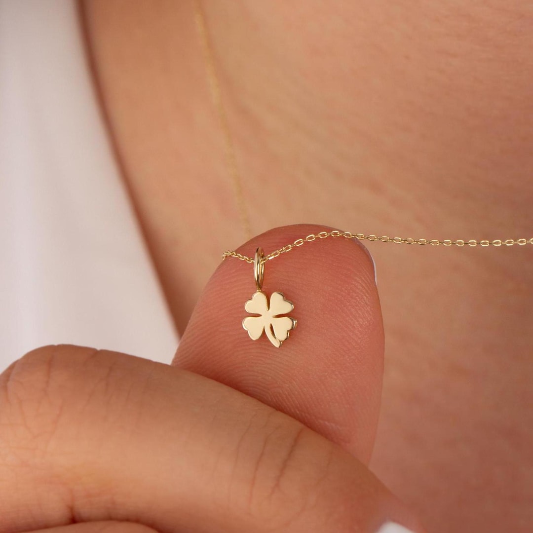 14K Gold Clover Necklace · Solid Gold Four Leaf Clover Pendant · Lucky Clover Jewelry ...