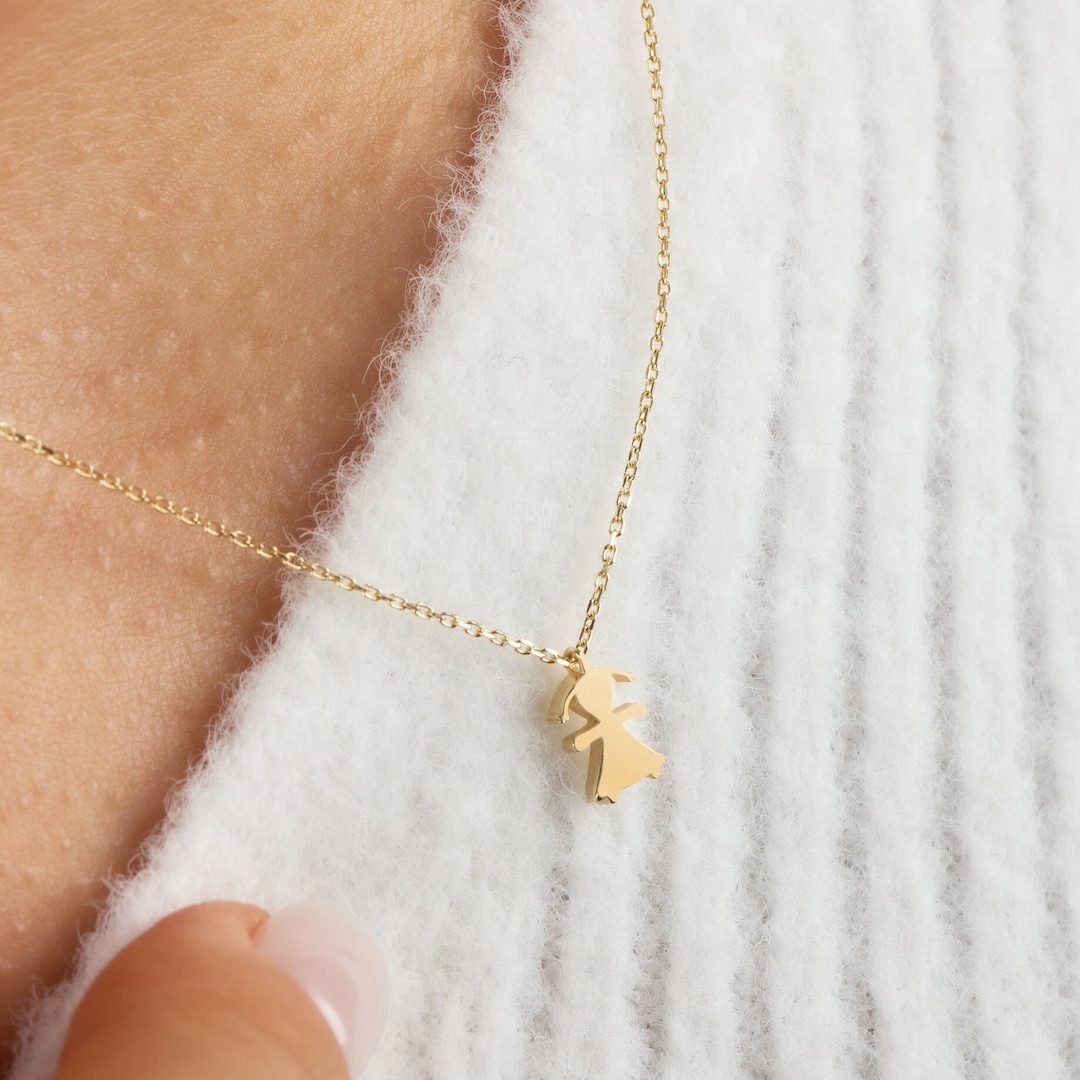 14k Solid Gold Little Girl Charm Necklace • Dainty Little Girl Pendant ...