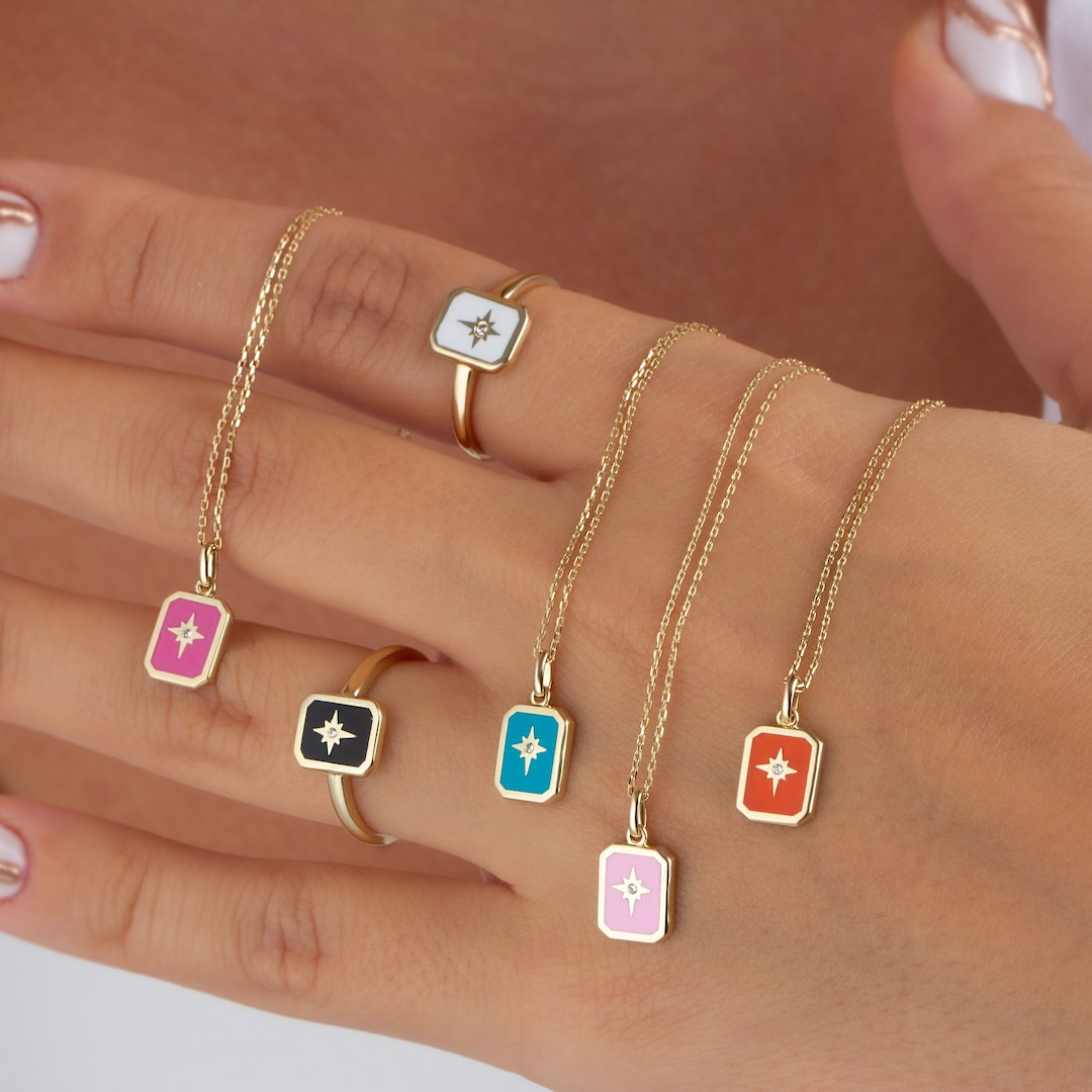 North Star Necklace 14K Gold • Pink Enamel Northern Star Pendant ...