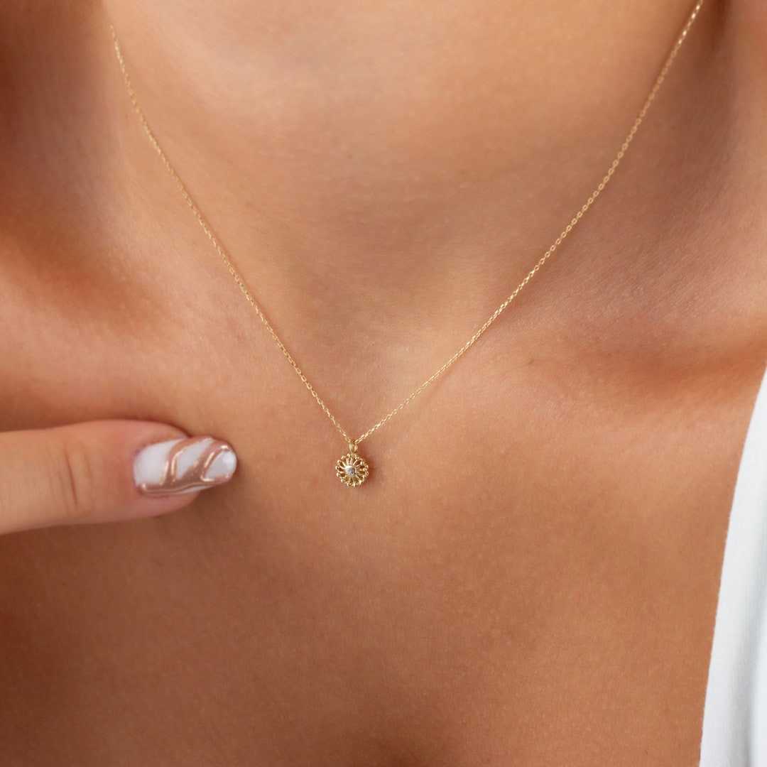 Minimalist Flower Necklace in 14K Gold • Solid Gold Daisy Flower Necklace • Women's Tiny Pendant ...