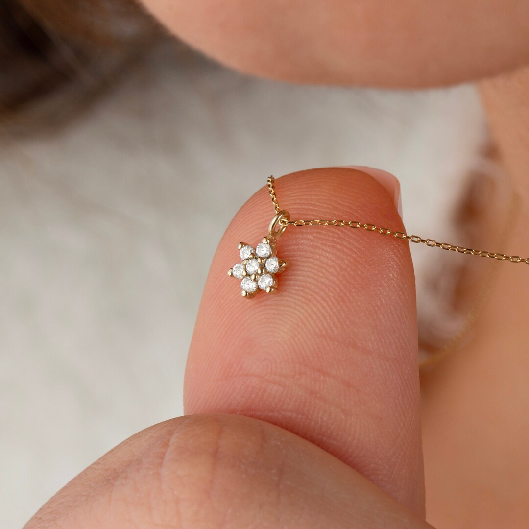14k Solid Gold Flower Necklace • CZ Gold Pave Diamond Flower Pendant ...