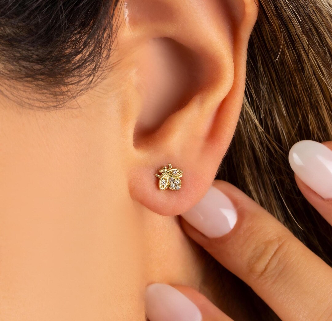 14k Solid Gold Bee Earrings • Cute Bee Earrings • Solid Gold Bee Stud ...